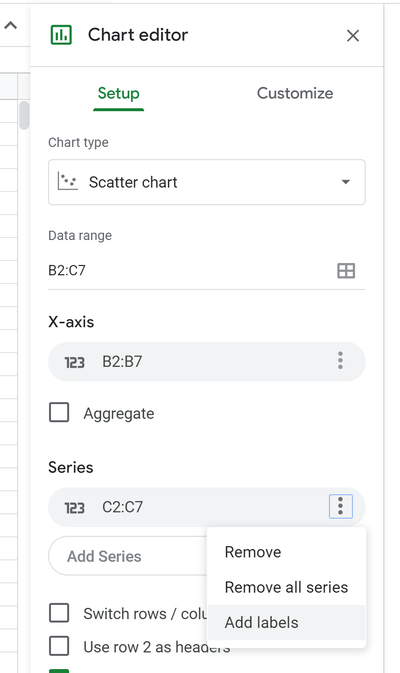 So fügen Sie Beschriftungen zu Streudiagrammpunkten in Google Tabellen hinzu • Statologie