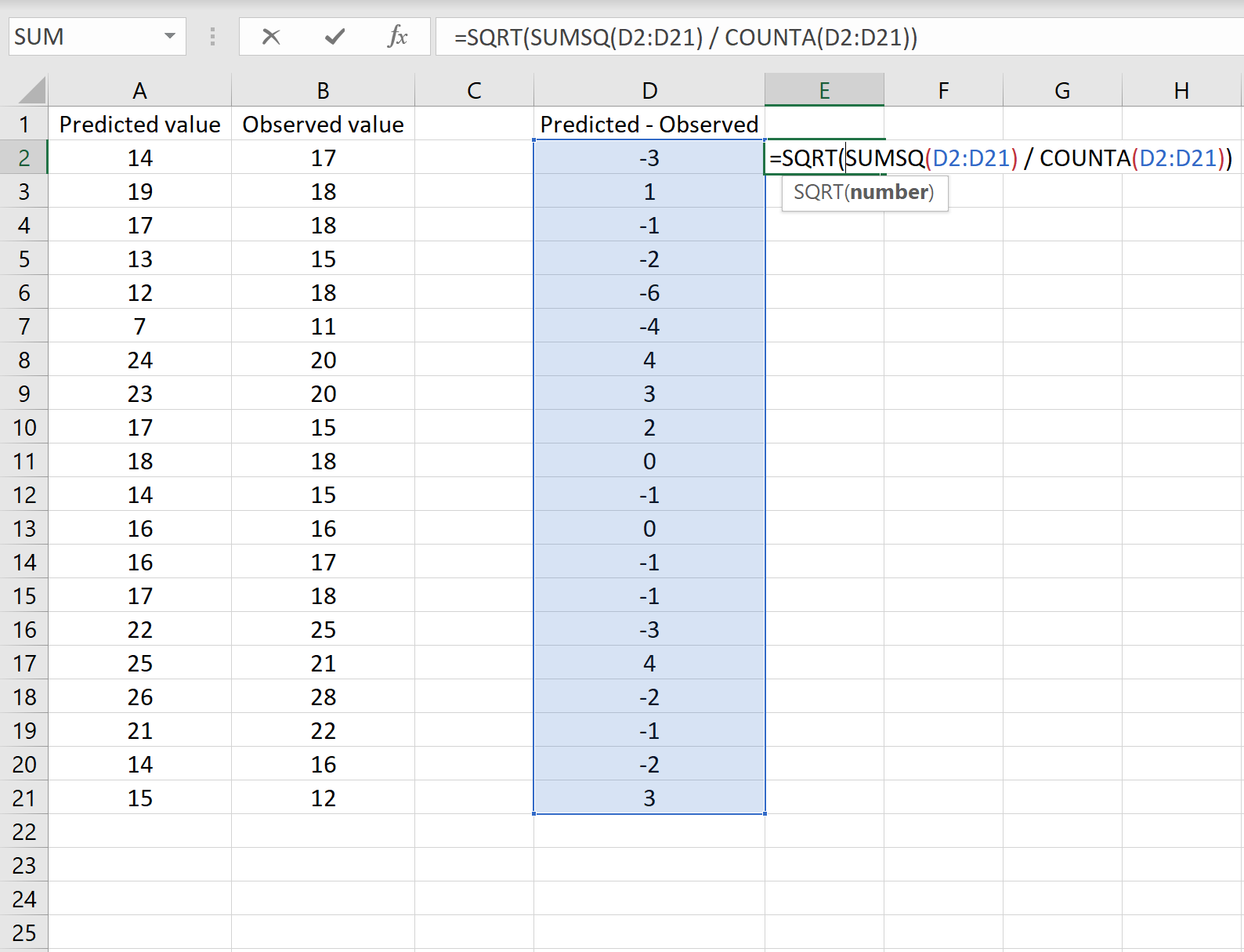 Berechnen Des RMSE Root Mean Square Error In Excel Statologie